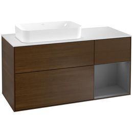 Villeroy & Boch Villeroy und Boch Finion Waschtischunterschrank F281GKGN 120cm, Abdeckplatte white matt, Regal rechts Anthracite matt, Walnut veneer