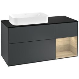 Villeroy & Boch Villeroy und Boch Finion Waschtischunterschrank F282PCHG 120cm, Abdeckplatte black matt, Regal rechts Oak Veneer, Midnight Blue Matt Lacquer