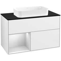 Villeroy & Boch Villeroy und Boch Finion Waschtischunterschrank F242MTGF 100x60,3cm, Abdeckplatte black matt, Regal links White matt lacquer, Glossy white lacquer