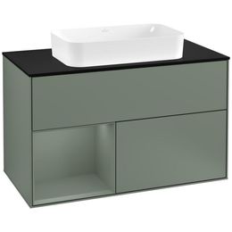 Villeroy & Boch Villeroy und Boch Finion Waschtischunterschrank F242GMGM 100x60,3cm, Abdeckplatte black matt, Regal links Olive Matt Lacquer, Olive Matt Lacquer