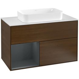 Villeroy & Boch Villeroy und Boch Finion Waschtischunterschrank F241HGGN 100x60,3cm, Abdeckplatte white matt, Regal links Midnight Blue Matt Lacquer, Walnut veneer