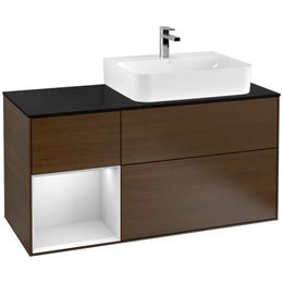 Villeroy & Boch Villeroy und Boch Finion Waschtischunterschrank F142MTGN 120cm, Abdeckplatte Glass Black Matt, Regal links White matt lacquer, Walnut veneer