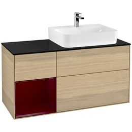 Villeroy & Boch Villeroy und Boch Finion Waschtischunterschrank F142HBPC 120cm, Abdeckplatte Glass Black Matt, Regal links Peony, Oak Veneer