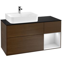 Villeroy & Boch Villeroy und Boch Finion Waschtischunterschrank G152MTGN 120cm, Abdeckplatte black matt, Emotion, Regal links White matt lacquer, Walnut veneer