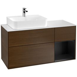 Villeroy & Boch Villeroy und Boch Finion Waschtischunterschrank G151PDGN 120cm, Abdeckplatte white matt, Emotion, Regal links Black matt lacquer, Walnut veneer