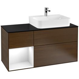 Villeroy & Boch Villeroy und Boch Finion Waschtischunterschrank G142GFGN 120cm, Abdeckplatte black matt, Emotion, Regal links Glossy white lacquer, Walnut veneer