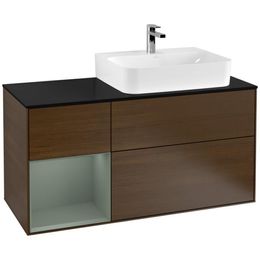 Villeroy & Boch Villeroy und Boch Finion Waschtischunterschrank G142GMGN 120cm, Abdeckplatte black matt, Emotion, Regal links Olive Matt Lacquer, Walnut veneer