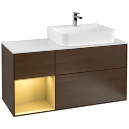 Villeroy & Boch Villeroy und Boch Finion Waschtischunterschrank F141HFGN 120cm, Abdeckplatte glass white Matt, Regal links Gold matt, Walnut veneer