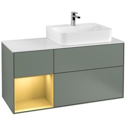 Villeroy & Boch Villeroy und Boch Finion Waschtischunterschrank F141HFGM 120cm, Abdeckplatte glass white Matt, Regal links Gold matt, Olive Matt Lacquer