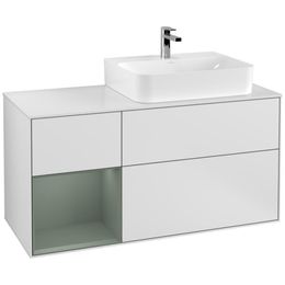Villeroy & Boch Villeroy und Boch Finion Waschtischunterschrank F141GMMT 120cm, Abdeckplatte glass white Matt, Regal links Olive Matt Lacquer, White matt lacquer