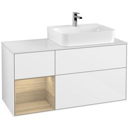 Villeroy & Boch Villeroy und Boch Finion Waschtischunterschrank F141PCGF 120cm, Abdeckplatte glass white Matt, Regal links Oak Veneer, Glossy white lacquer