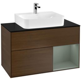 Villeroy & Boch Villeroy und Boch Finion Waschtischunterschrank G122GMGN 100cm, Abdeckplatte black matt, Emotion, Regal rechts Olive Matt Lacquer, Walnut veneer