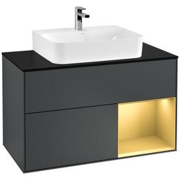 Villeroy & Boch Villeroy und Boch Finion Waschtischunterschrank F122HFHG 100cm, Abdeckplatte black matt, Regal rechts Gold matt, Midnight Blue Matt Lacquer