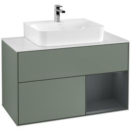 Villeroy & Boch Villeroy und Boch Finion Waschtischunterschrank F121HGGM 100cm, Abdeckplatte wei&szlig; matt, Regal rechts Midnight Blue Matt Lacquer, Olive Matt Lacquer