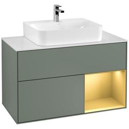 Villeroy & Boch Villeroy und Boch Finion Waschtischunterschrank F121HFGM 100cm, Abdeckplatte wei&szlig; matt, Regal rechts Gold matt, Olive Matt Lacquer