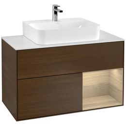 Villeroy & Boch Villeroy und Boch Finion Waschtischunterschrank F121PCGN 100cm, Abdeckplatte wei&szlig; matt, Regal rechts Oak Veneer, Walnut veneer