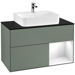 Villeroy & Boch Villeroy und Boch Finion Waschtischunterschrank F122GFGM 100cm, Abdeckplatte black matt, Regal rechts Glossy white lacquer, Olive Matt Lacquer