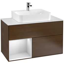 Villeroy & Boch Villeroy und Boch Finion Waschtischunterschrank G111MTGN 100cm, Abdeckplatte white matt, Emotion, Regal links White matt lacquer, Walnut veneer