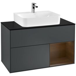 Villeroy & Boch Villeroy und Boch Finion Waschtischunterschrank F122GNHG 100cm, Abdeckplatte black matt, Regal rechts Walnut veneer, Midnight Blue Matt Lacquer