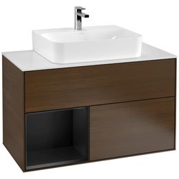 Villeroy & Boch Villeroy und Boch Finion Waschtischunterschrank G111PDGN 100cm, Abdeckplatte white matt, Emotion, Regal links Black matt lacquer, Walnut veneer