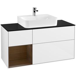 Villeroy & Boch Villeroy und Boch Finion Waschtischunterschrank G162GNGF 120cm, Abdeckplatte black matt, Emotion, Regal links Walnut veneer, Glossy white lacquer