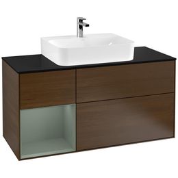 Villeroy & Boch Villeroy und Boch Finion Waschtischunterschrank G162GMGN 120cm, Abdeckplatte black matt, Emotion, Regal links Olive Matt Lacquer, Walnut veneer