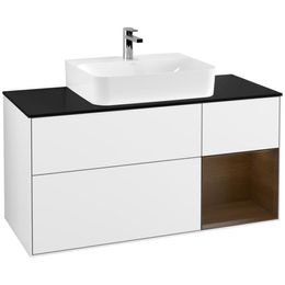 Villeroy & Boch Villeroy und Boch Finion Waschtischunterschrank F172GNGF 120cm, Abdeckplatte black matt, Regal rechts Walnut veneer, Glossy white lacquer