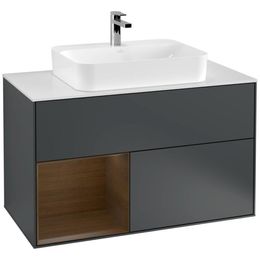 Villeroy & Boch Villeroy und Boch Finion Waschtischunterschrank G361GNHG 100cm, Abdeckplatte white matt, Emotion, Regal links Walnut veneer, Midnight Blue Matt Lacquer