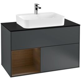 Villeroy & Boch Villeroy und Boch Finion Waschtischunterschrank F362GNHG 100cm, Abdeckplatte black matt, Regal links Walnut veneer, Midnight Blue Matt Lacquer