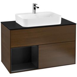 Villeroy & Boch Villeroy und Boch Finion Waschtischunterschrank F362PDGN 100cm, Abdeckplatte black matt, Regal links Black matt lacquer, Walnut veneer