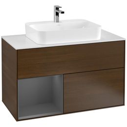 Villeroy & Boch Villeroy und Boch Finion Waschtischunterschrank F361GKGN 100cm, Abdeckplatte white matt, Regal links Anthracite matt, Walnut veneer