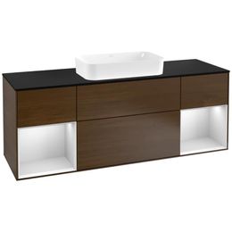 Villeroy & Boch Villeroy und Boch Finion Waschtischunterschrank G332MTGN 160cm, Abdeckplatte black matt, Emotion, Regale White matt lacquer, Walnut veneer