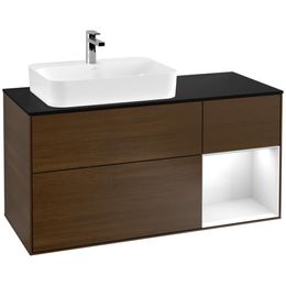 Villeroy & Boch Villeroy und Boch Finion Waschtischunterschrank F402GFGN 120cm, Abdeckplatte black matt, Regal rechts Glossy white lacquer, Walnut veneer