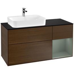 Villeroy & Boch Villeroy und Boch Finion Waschtischunterschrank F402GMGN 120cm, Abdeckplatte black matt, Regal rechts Olive Matt Lacquer, Walnut veneer