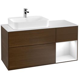 Villeroy & Boch Villeroy und Boch Finion Waschtischunterschrank G401GFGN 120cm, Abdeckplatte white matt, Emotion, Regal rechts Glossy white lacquer, Walnut veneer
