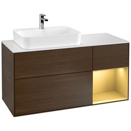 Villeroy & Boch Villeroy und Boch Finion Waschtischunterschrank F401HFGN 120cm, Abdeckplatte white matt, Regal rechts Gold matt, Walnut veneer