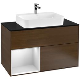 Villeroy & Boch Villeroy und Boch Finion Waschtischunterschrank G362MTGN 100cm, Abdeckplatte black matt, Emotion, Regal links White matt lacquer, Walnut veneer