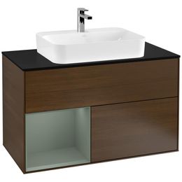 Villeroy & Boch Villeroy und Boch Finion Waschtischunterschrank G362GMGN 100cm, Abdeckplatte black matt, Emotion, Regal links Olive Matt Lacquer, Walnut veneer