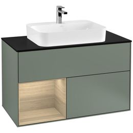 Villeroy & Boch Villeroy und Boch Finion Waschtischunterschrank G362PCGM 100cm, Abdeckplatte black matt, Emotion, Regal links Oak Veneer, Olive Matt Lacquer
