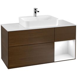 Villeroy & Boch Villeroy und Boch Finion Waschtischunterschrank F421GFGN 120cm, Abdeckplatte white matt, Regal rechts Glossy white lacquer, Walnut veneer