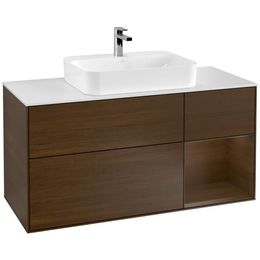 Villeroy & Boch Villeroy und Boch Finion Waschtischunterschrank F421GNGN 120cm, Abdeckplatte white matt, Regal rechts Walnut veneer, Walnut veneer