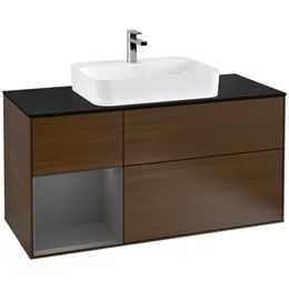 Villeroy & Boch Villeroy und Boch Finion Waschtischunterschrank F412GKGN 120cm, Abdeckplatte black matt, Regal links Anthracite matt, Walnut veneer