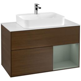 Villeroy & Boch Villeroy und Boch Finion Waschtischunterschrank G371GMGN 100cm, Abdeckplatte white matt, Emotion, Regal rechts Olive Matt Lacquer, Walnut veneer
