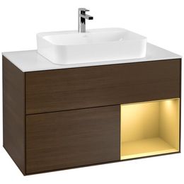 Villeroy & Boch Villeroy und Boch Finion Waschtischunterschrank F371HFGN 100cm, Abdeckplatte white matt, Regal rechts Gold matt, Walnut veneer
