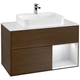 Villeroy & Boch Villeroy und Boch Finion Waschtischunterschrank F371MTGN 100cm, Abdeckplatte white matt, Regal rechts White matt lacquer, Walnut veneer