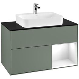 Villeroy & Boch Villeroy und Boch Finion Waschtischunterschrank F372GFGM 100cm, Abdeckplatte black matt, Regal rechts Glossy white lacquer, Olive Matt Lacquer