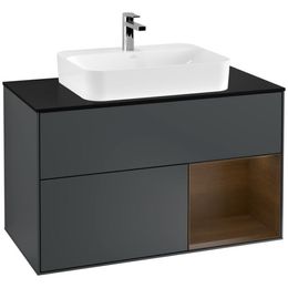 Villeroy & Boch Villeroy und Boch Finion Waschtischunterschrank F372GNHG 100cm, Abdeckplatte black matt, Regal rechts Walnut veneer, Midnight Blue Matt Lacquer