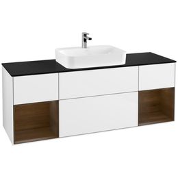Villeroy & Boch Villeroy und Boch Finion Waschtischunterschrank F452GNGF 160x60,3cm, Abdeckplatte black matt, Regale Walnut veneer, Glossy white lacquer