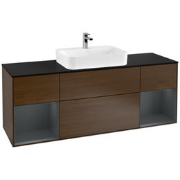 Villeroy & Boch Villeroy und Boch Finion Waschtischunterschrank G452HGGN 160cm, Abdeckplatte black matt, Emotion, Regale Midnight matt lacquer, Walnut veneer