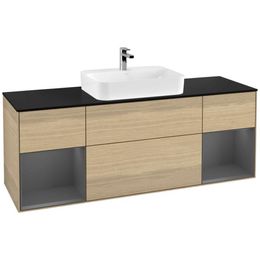 Villeroy & Boch Villeroy und Boch Finion Waschtischunterschrank F452GKPC 160x60,3cm, Abdeckplatte black matt, Regale Anthracite matt lacquer, Oak Veneer